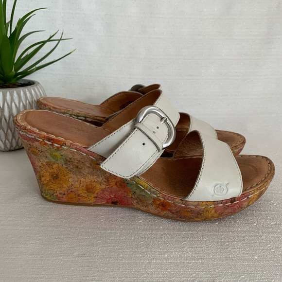 Born | Shoes | Born White Leather Buckle Strap Floral Cork Wedge ...